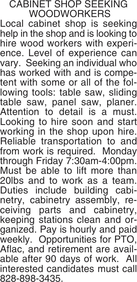Woodworkers, Cabinet Shop