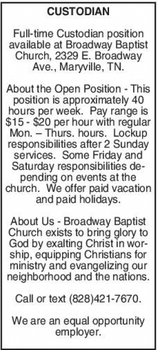 Custodian, Broadway Baptist Church