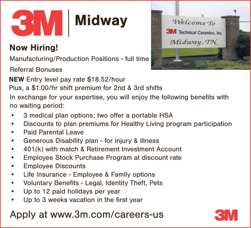 Manufacturing/Production Positions, 3M Midway Tennessee, Midway, TN